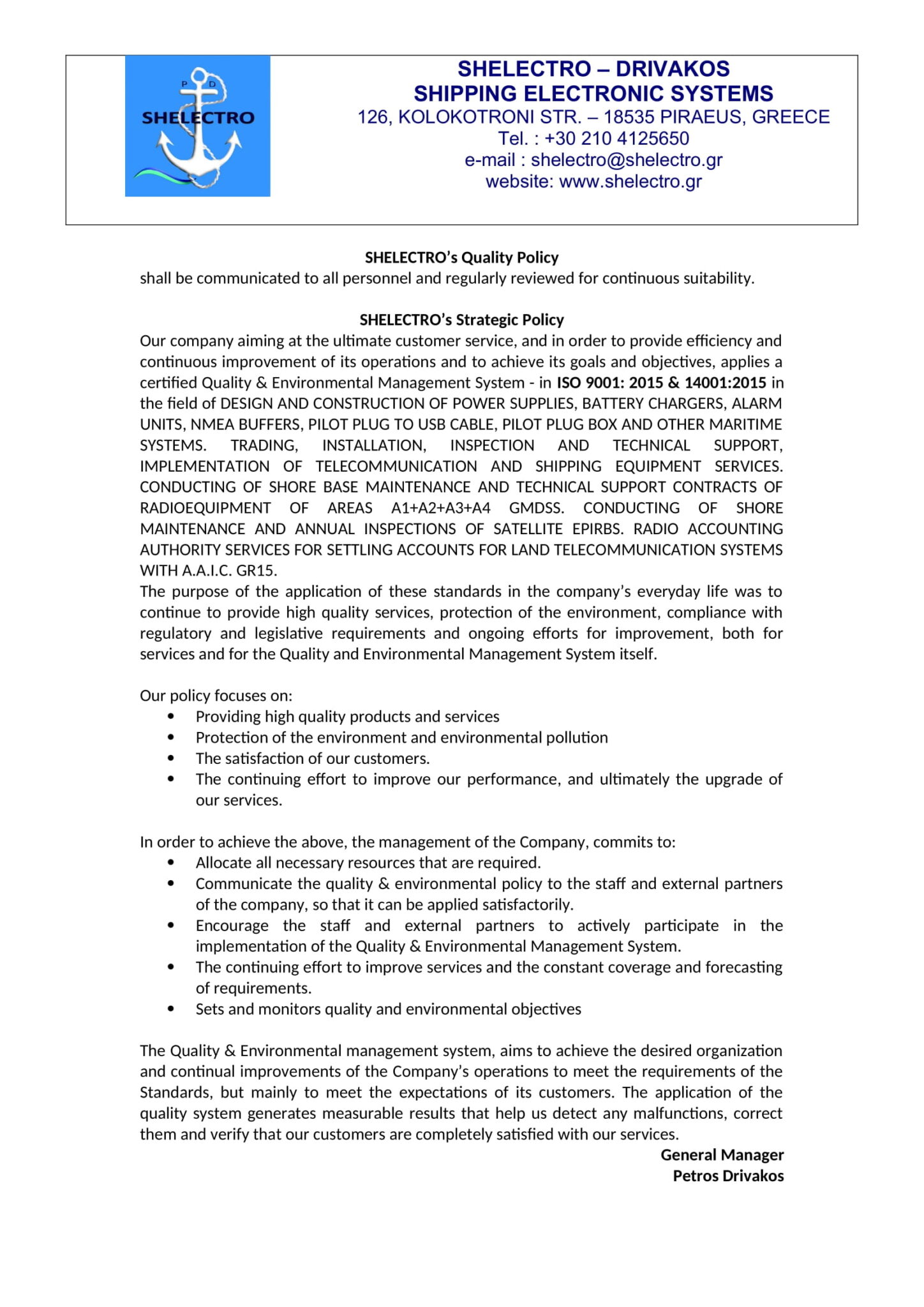 QUALITY POLICY – SHELECTRO